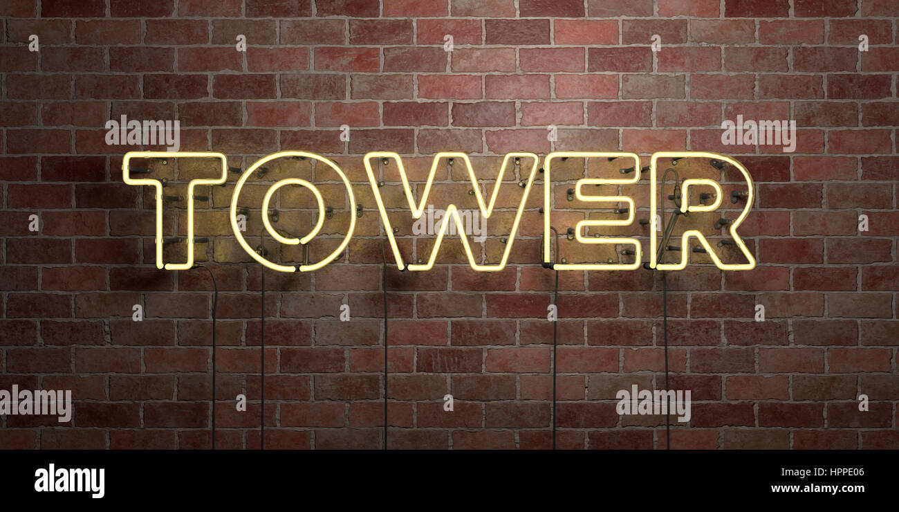 TOWER - fluorescent Neon tube Sign on brickwork - Front view - 3D ...