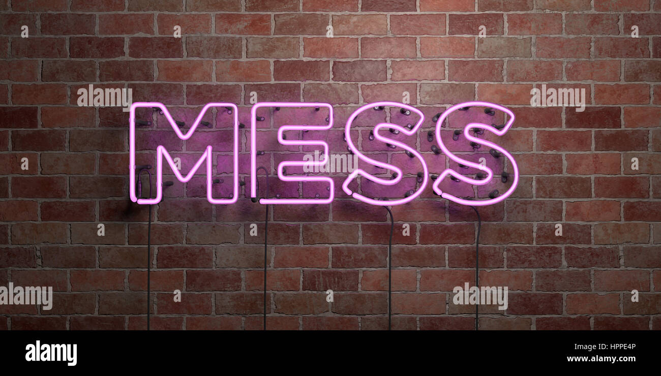 MESS - fluorescent Neon tube Sign on brickwork - Front view - 3D ...