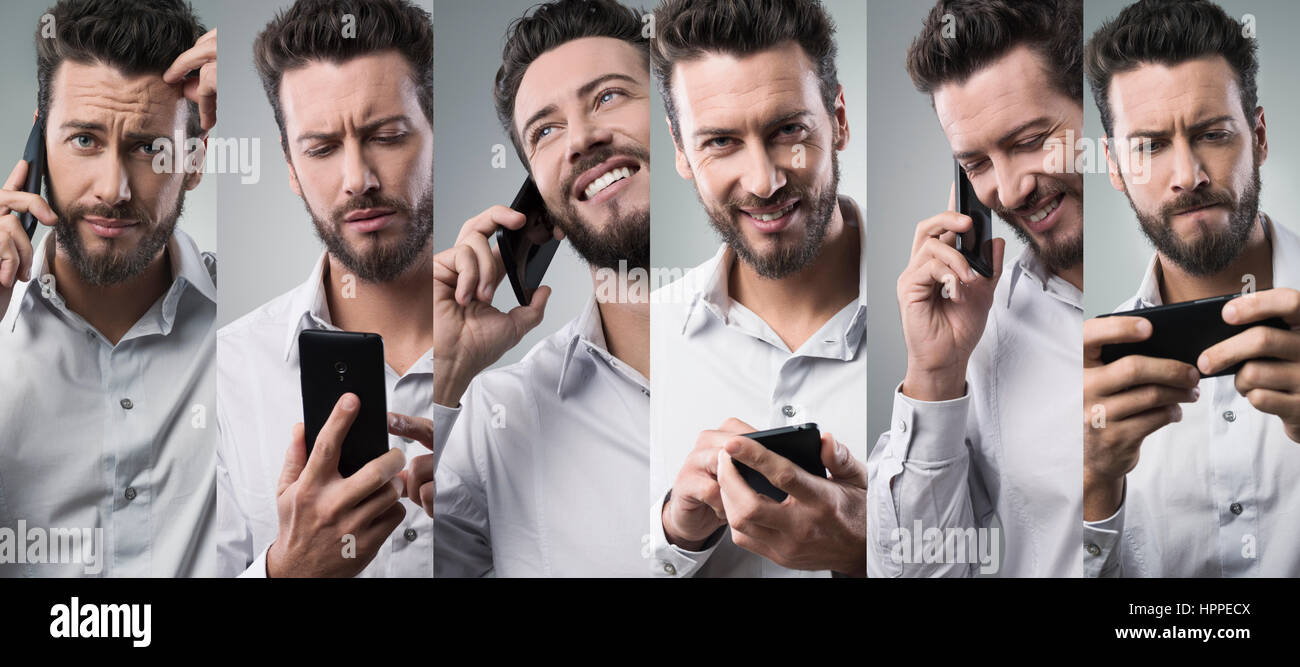 Businessman having a phone call with his smart phone, photo collage ...