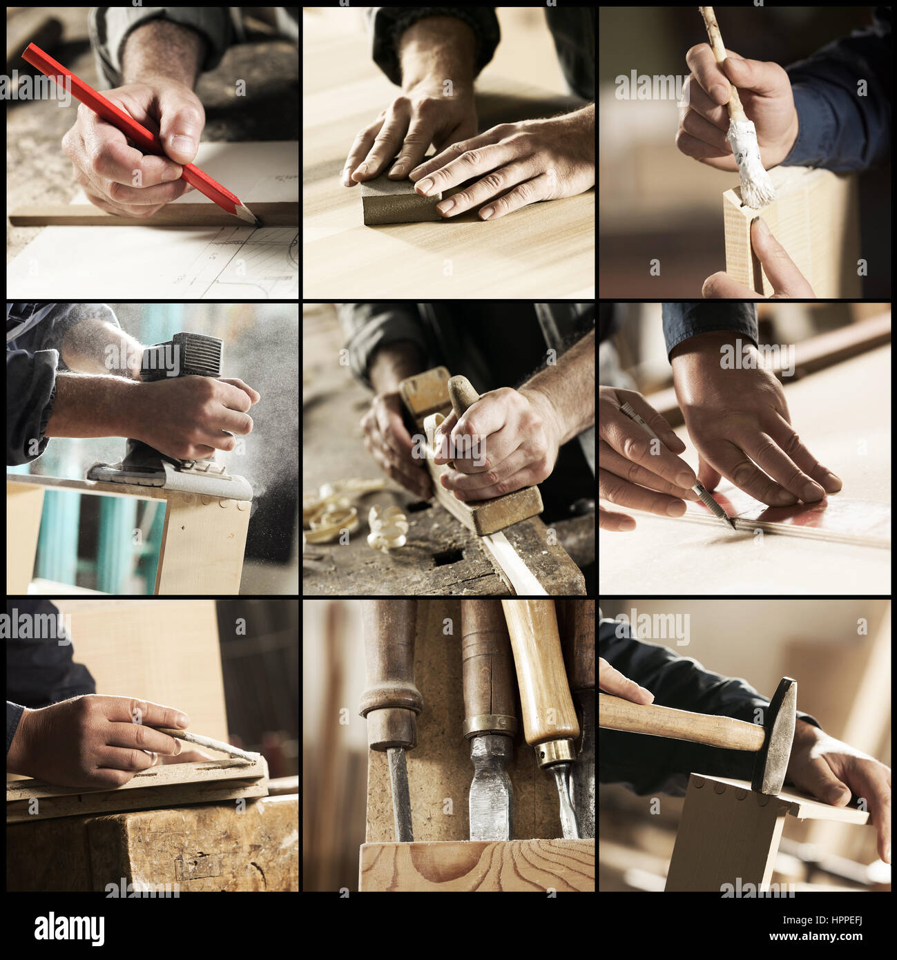 Collage of Carpenter at work, hands close up Stock Photo - Alamy
