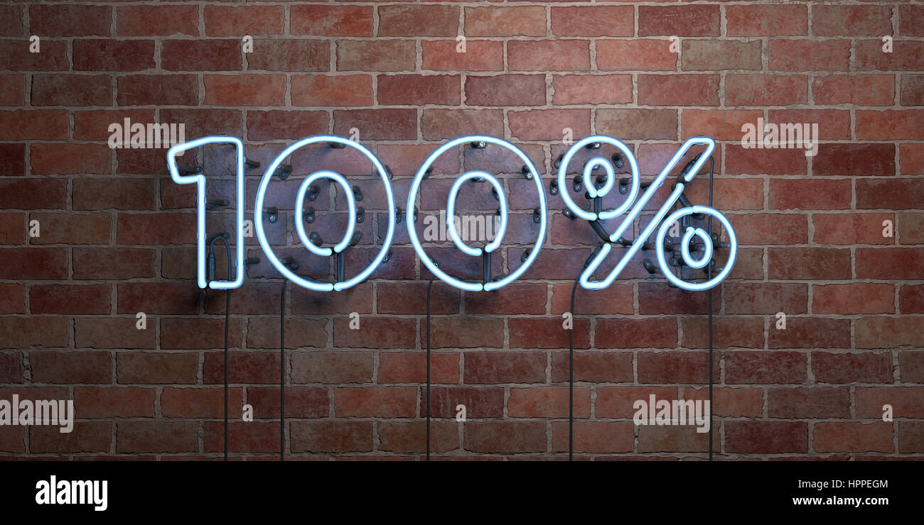100% - fluorescent Neon tube Sign on brickwork - Front view - 3D ...