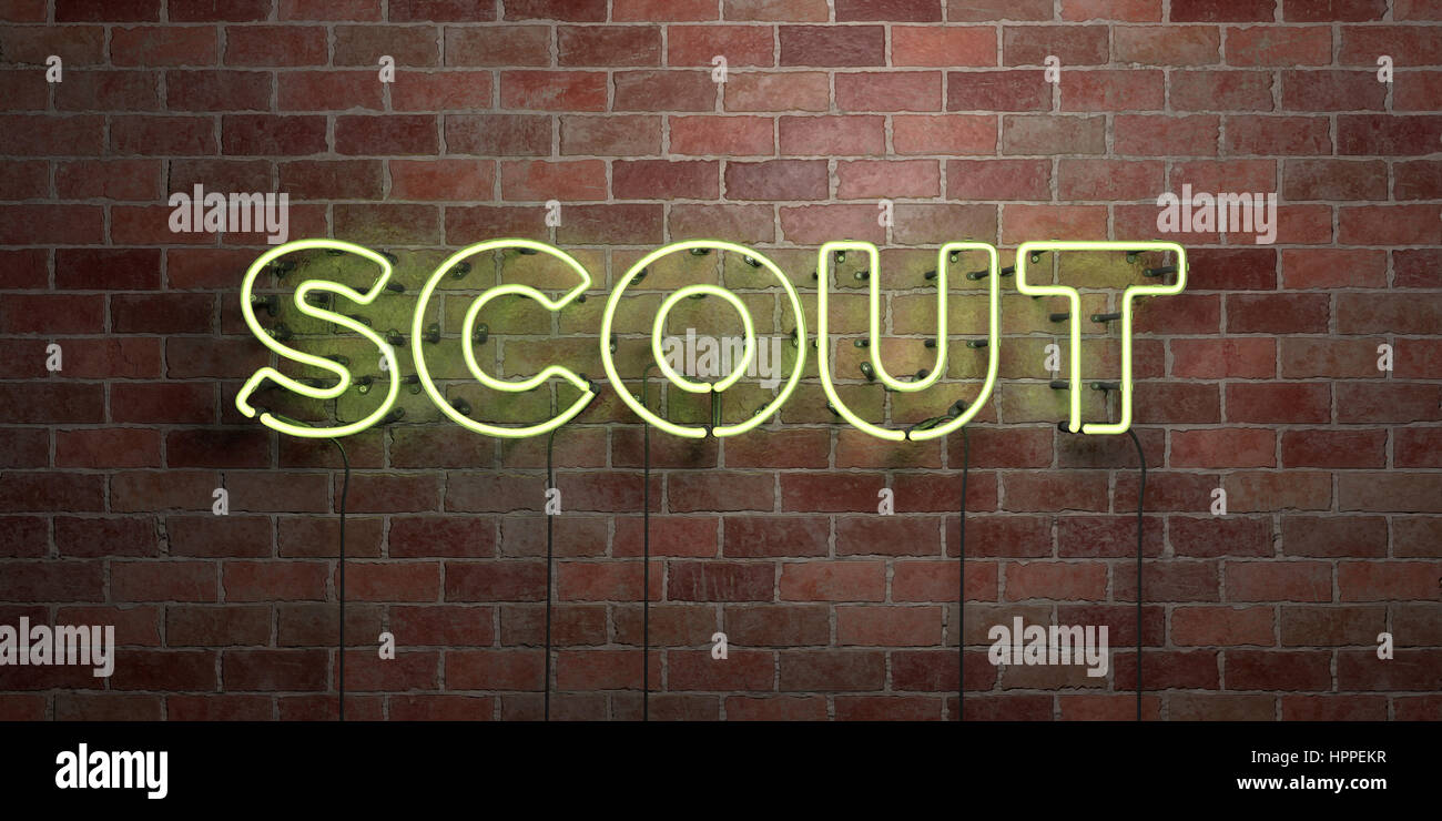 SCOUT - fluorescent Neon tube Sign on brickwork - Front view - 3D ...