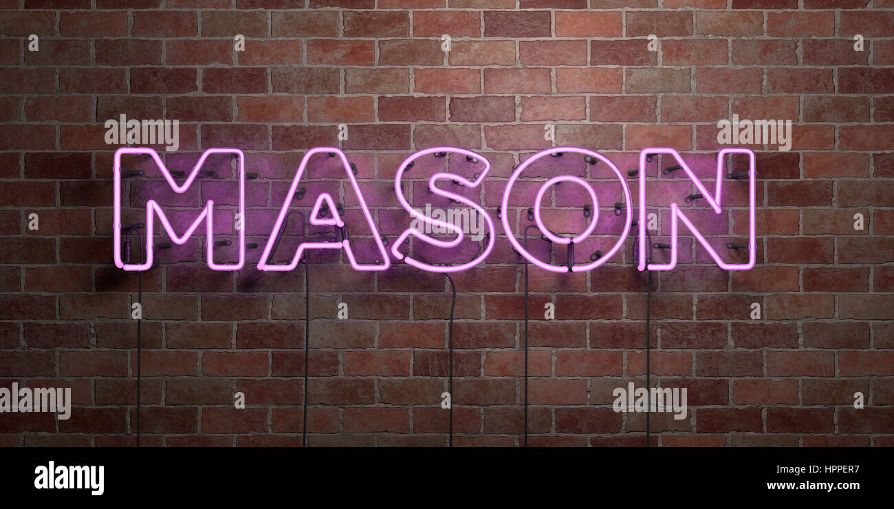 MASON - fluorescent Neon tube Sign on brickwork - Front view - 3D ...