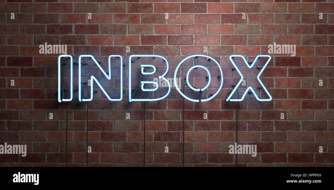 INBOX - fluorescent Neon tube Sign on brickwork - Front view - 3D ...
