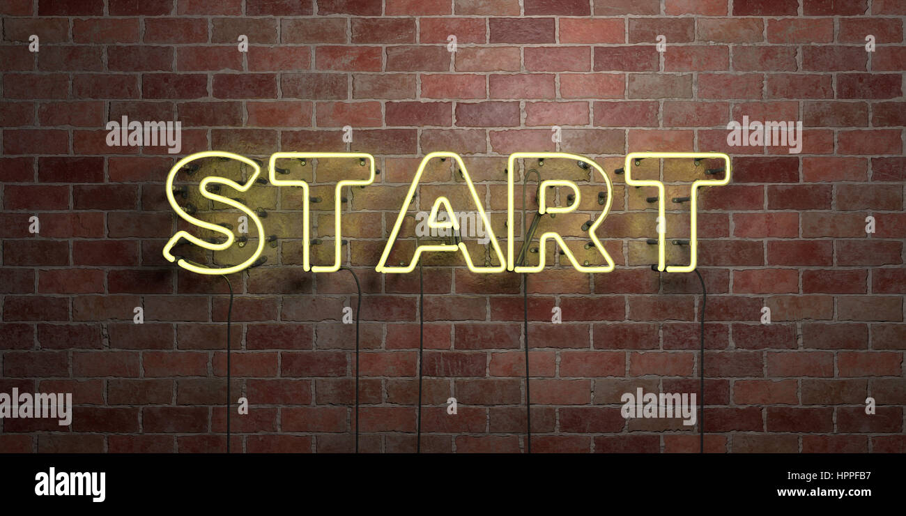 START - fluorescent Neon tube Sign on brickwork - Front view - 3D ...