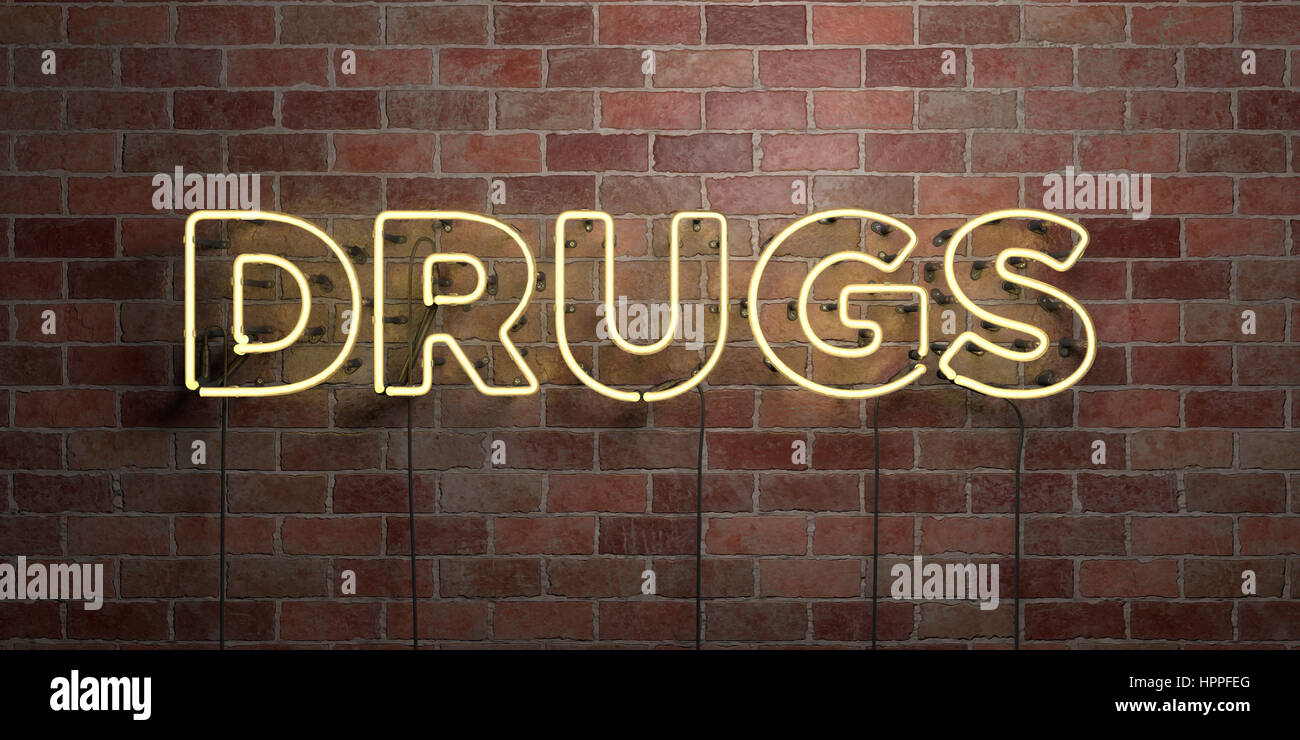 DRUGS - fluorescent Neon tube Sign on brickwork - Front view - 3D ...