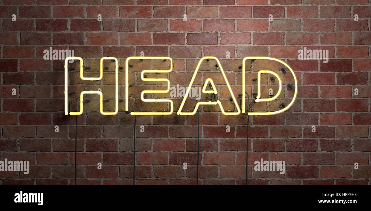 HEAD - fluorescent Neon tube Sign on brickwork - Front view - 3D ...