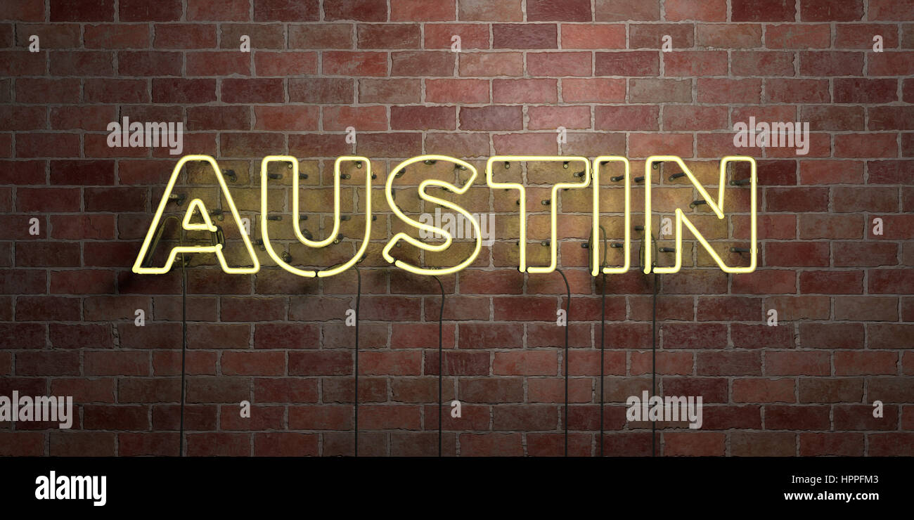 AUSTIN - fluorescent Neon tube Sign on brickwork - Front view - 3D ...