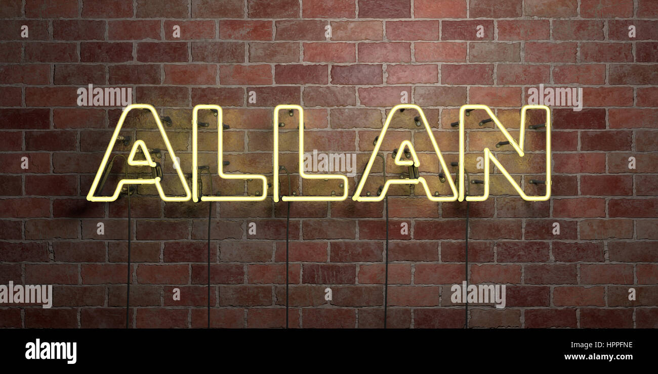 ALLAN - fluorescent Neon tube Sign on brickwork - Front view - 3D ...