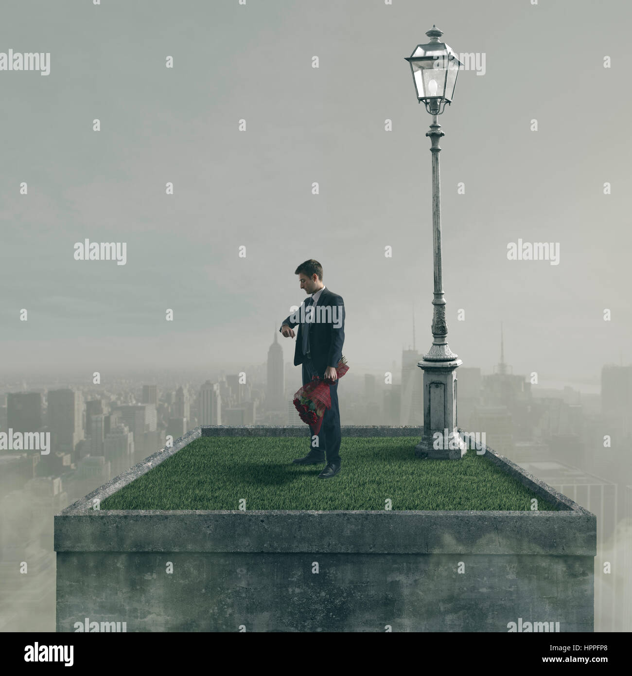 Elegant man waiting with flowers in a futuristic setting Stock Photo ...