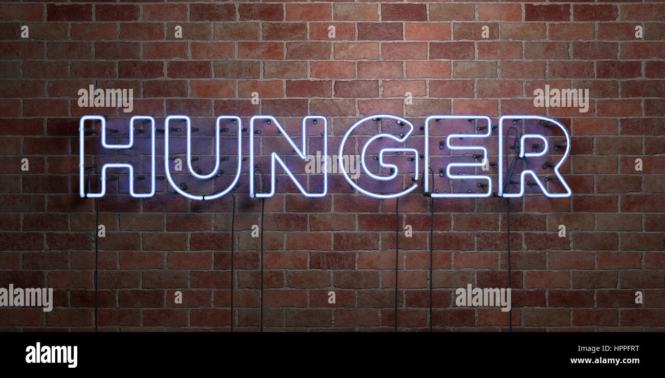 HUNGER - fluorescent Neon tube Sign on brickwork - Front view - 3D ...
