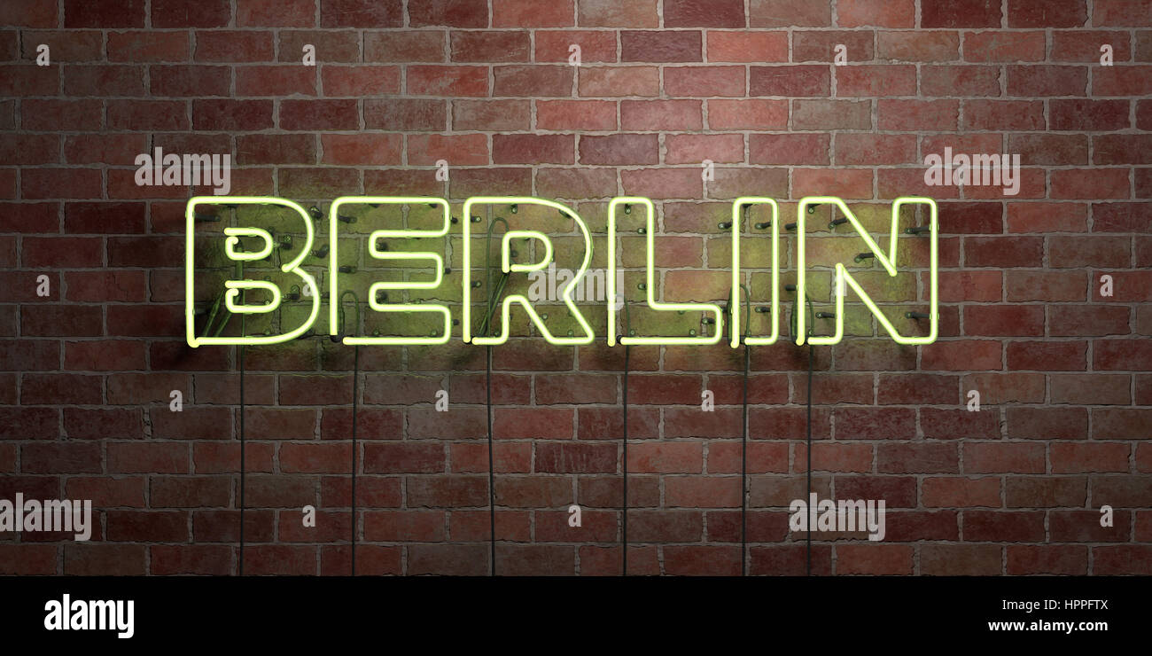 BERLIN - fluorescent Neon tube Sign on brickwork - Front view - 3D ...