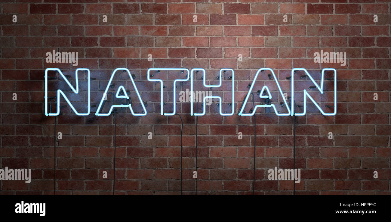 NATHAN - fluorescent Neon tube Sign on brickwork - Front view - 3D ...