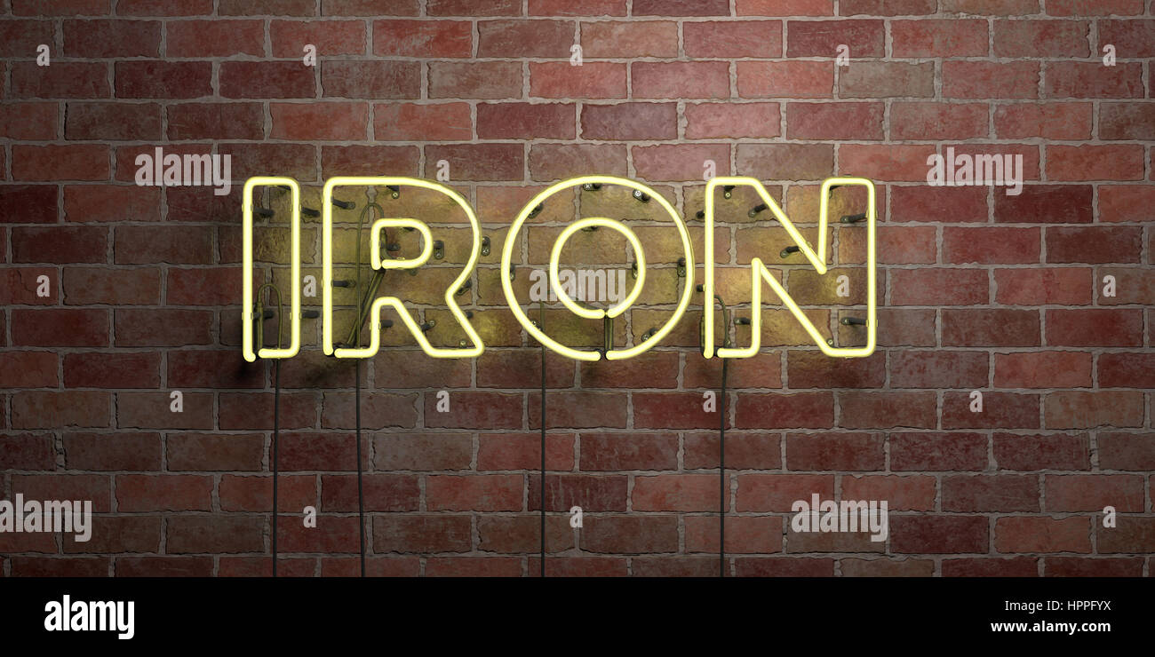 IRON - fluorescent Neon tube Sign on brickwork - Front view - 3D ...