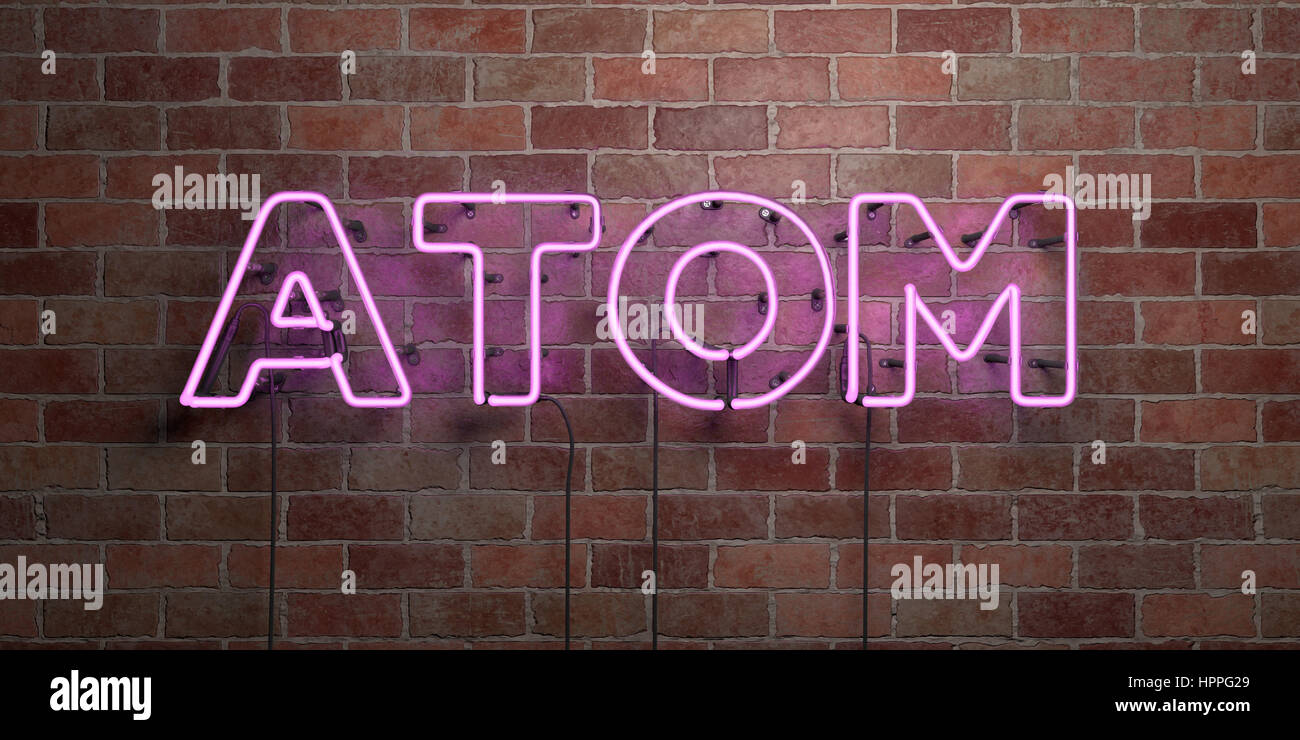 ATOM - fluorescent Neon tube Sign on brickwork - Front view - 3D ...