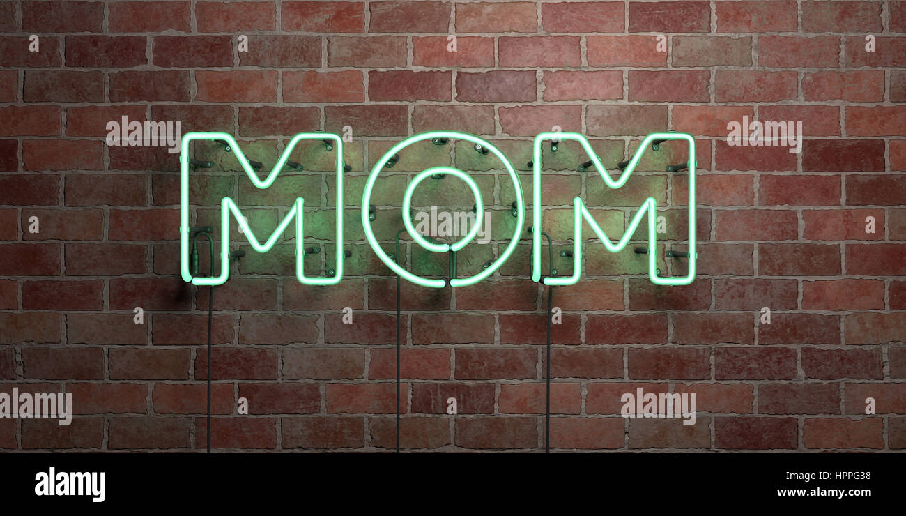 MOM - fluorescent Neon tube Sign on brickwork - Front view - 3D ...