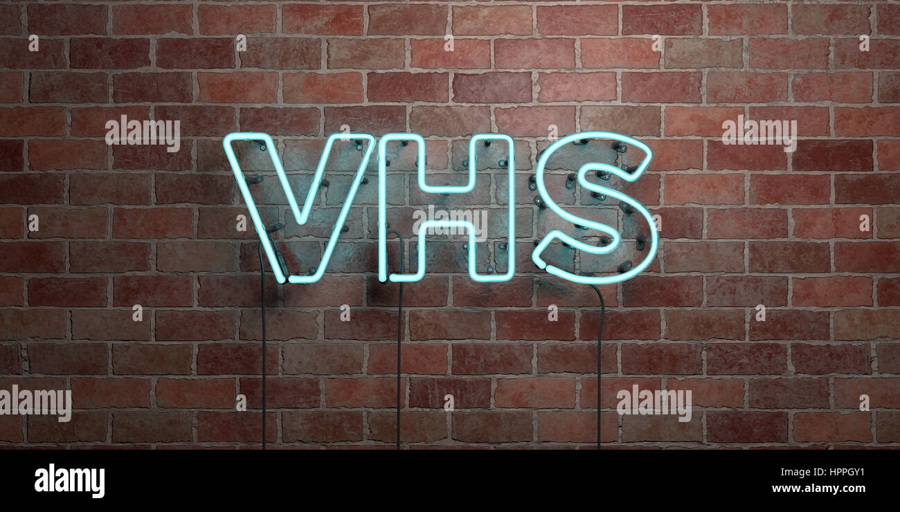 VHS - fluorescent Neon tube Sign on brickwork - Front view - 3D ...