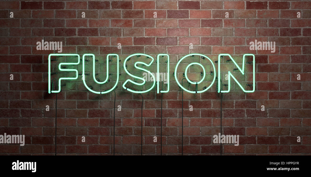 FUSION - fluorescent Neon tube Sign on brickwork - Front view - 3D ...
