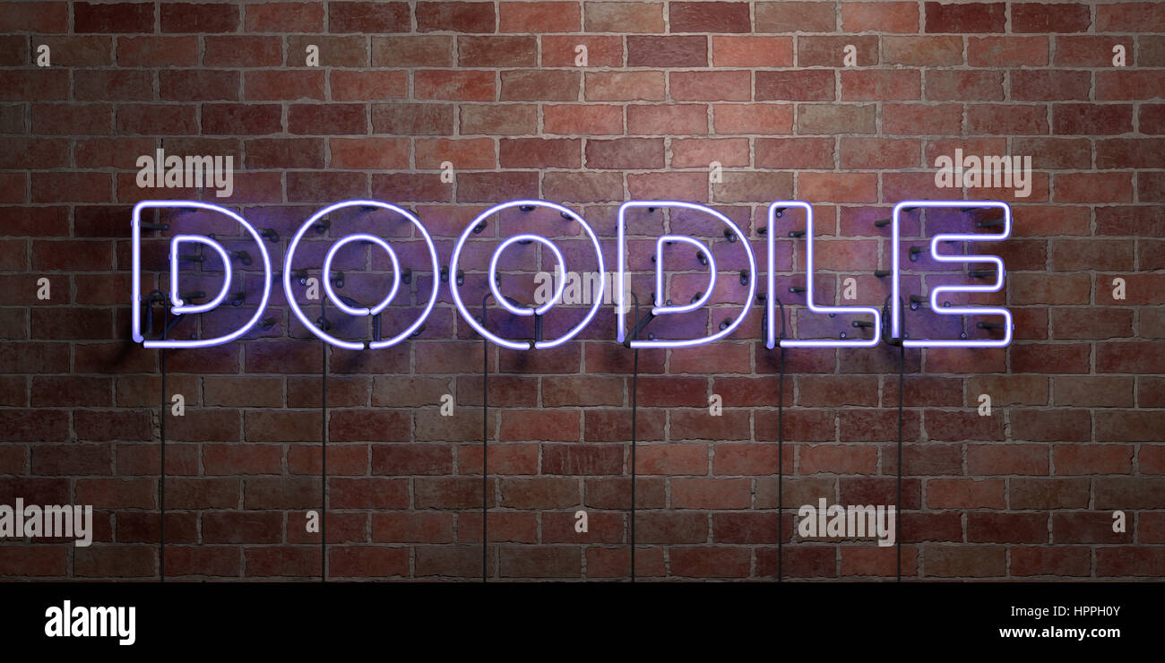 DOODLE - fluorescent Neon tube Sign on brickwork - Front view - 3D ...