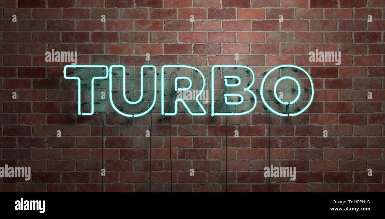TURBO - fluorescent Neon tube Sign on brickwork - Front view - 3D ...