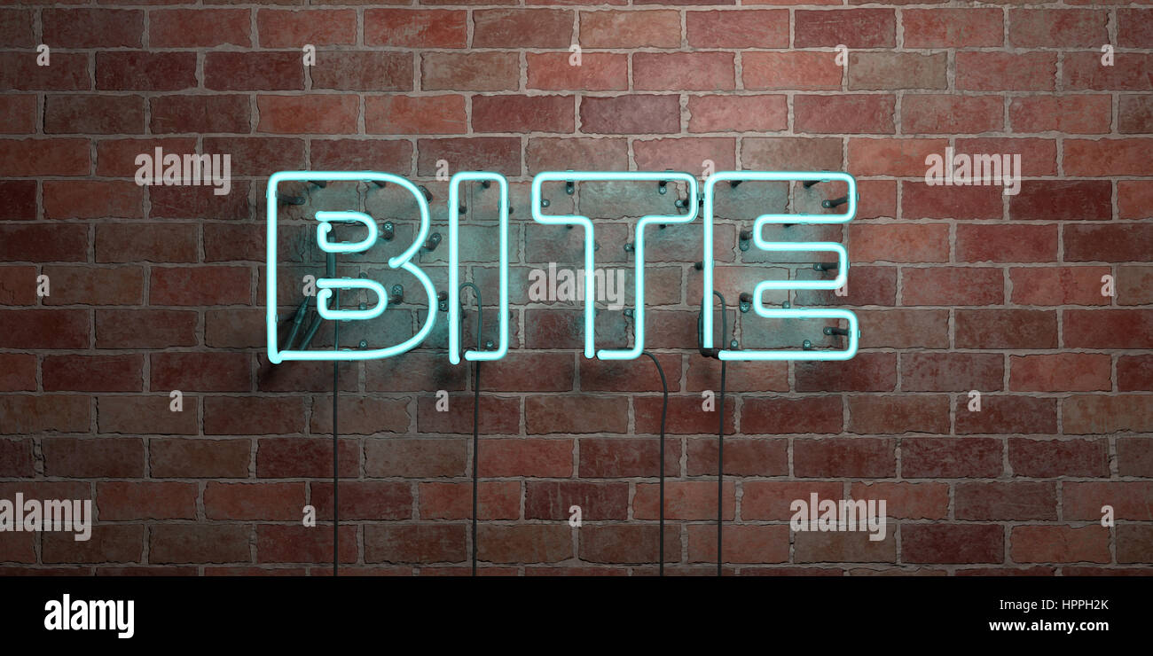 BITE - fluorescent Neon tube Sign on brickwork - Front view - 3D ...