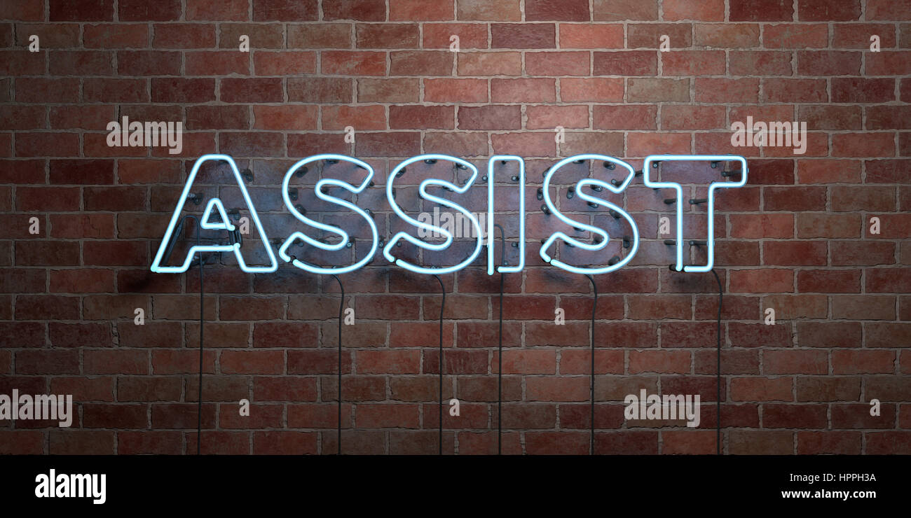 ASSIST - fluorescent Neon tube Sign on brickwork - Front view - 3D ...