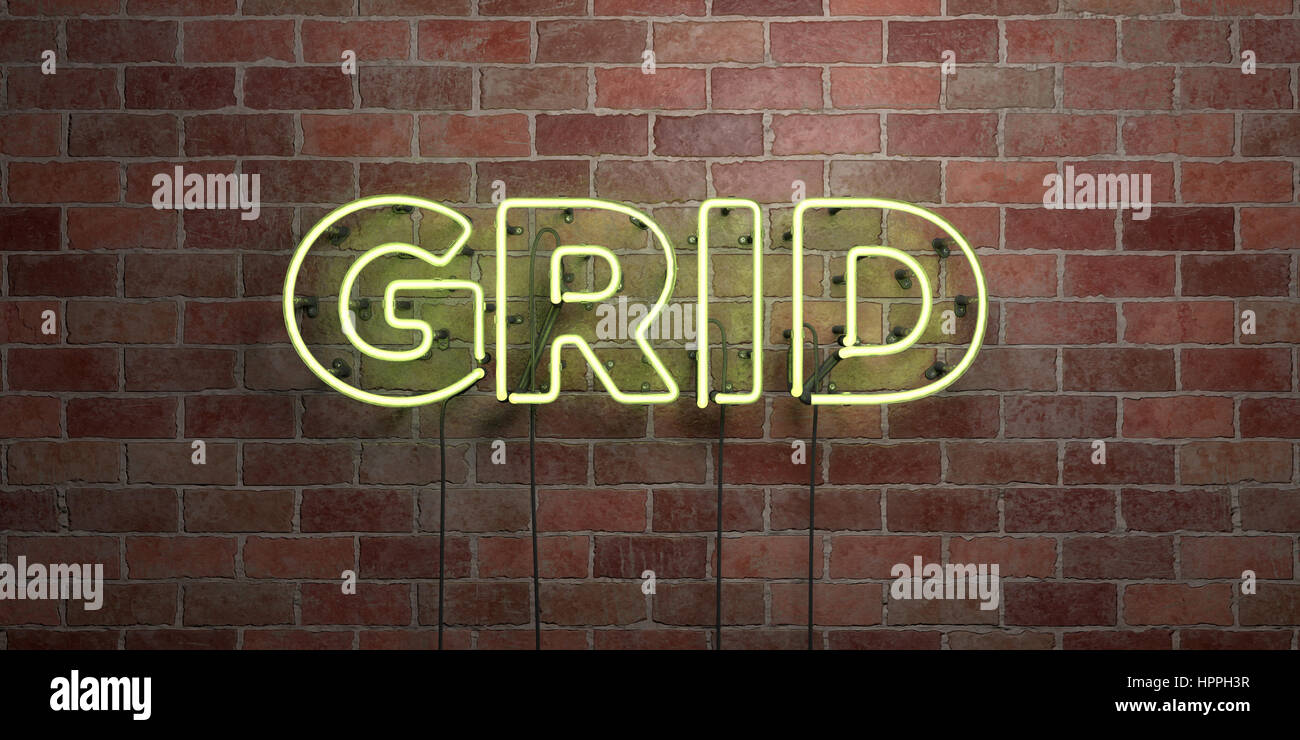 GRID - fluorescent Neon tube Sign on brickwork - Front view - 3D ...