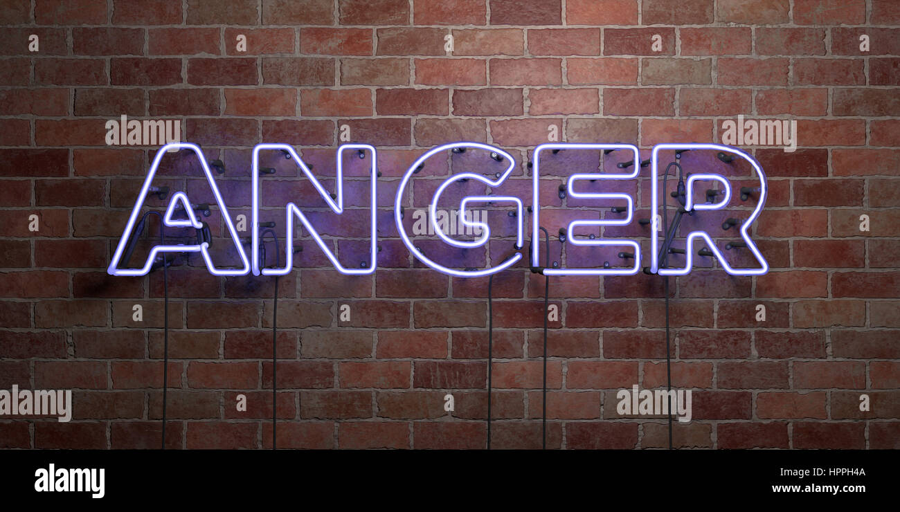 ANGER - fluorescent Neon tube Sign on brickwork - Front view - 3D ...