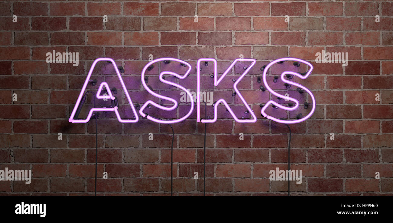 ASKS - fluorescent Neon tube Sign on brickwork - Front view - 3D rendered royalty free stock ...