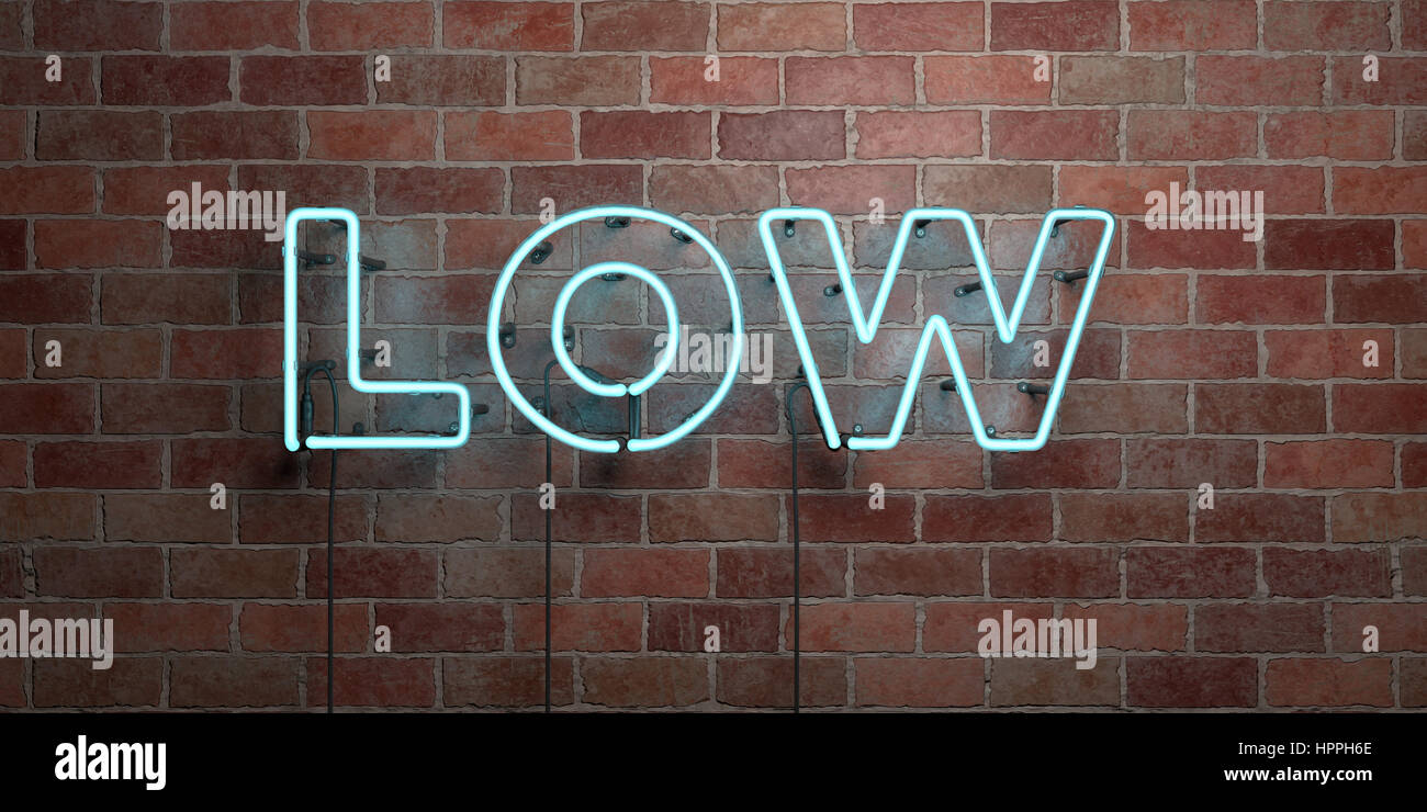 LOW - fluorescent Neon tube Sign on brickwork - Front view - 3D ...