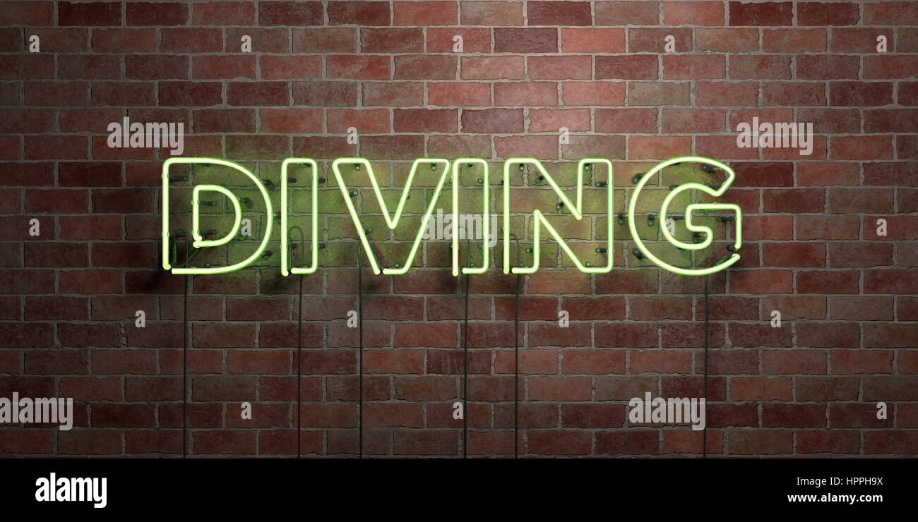 DIVING - fluorescent Neon tube Sign on brickwork - Front view - 3D ...