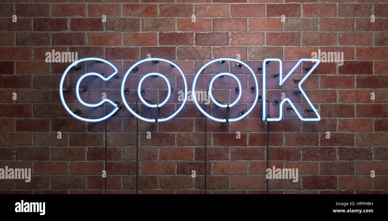 COOK - fluorescent Neon tube Sign on brickwork - Front view - 3D ...