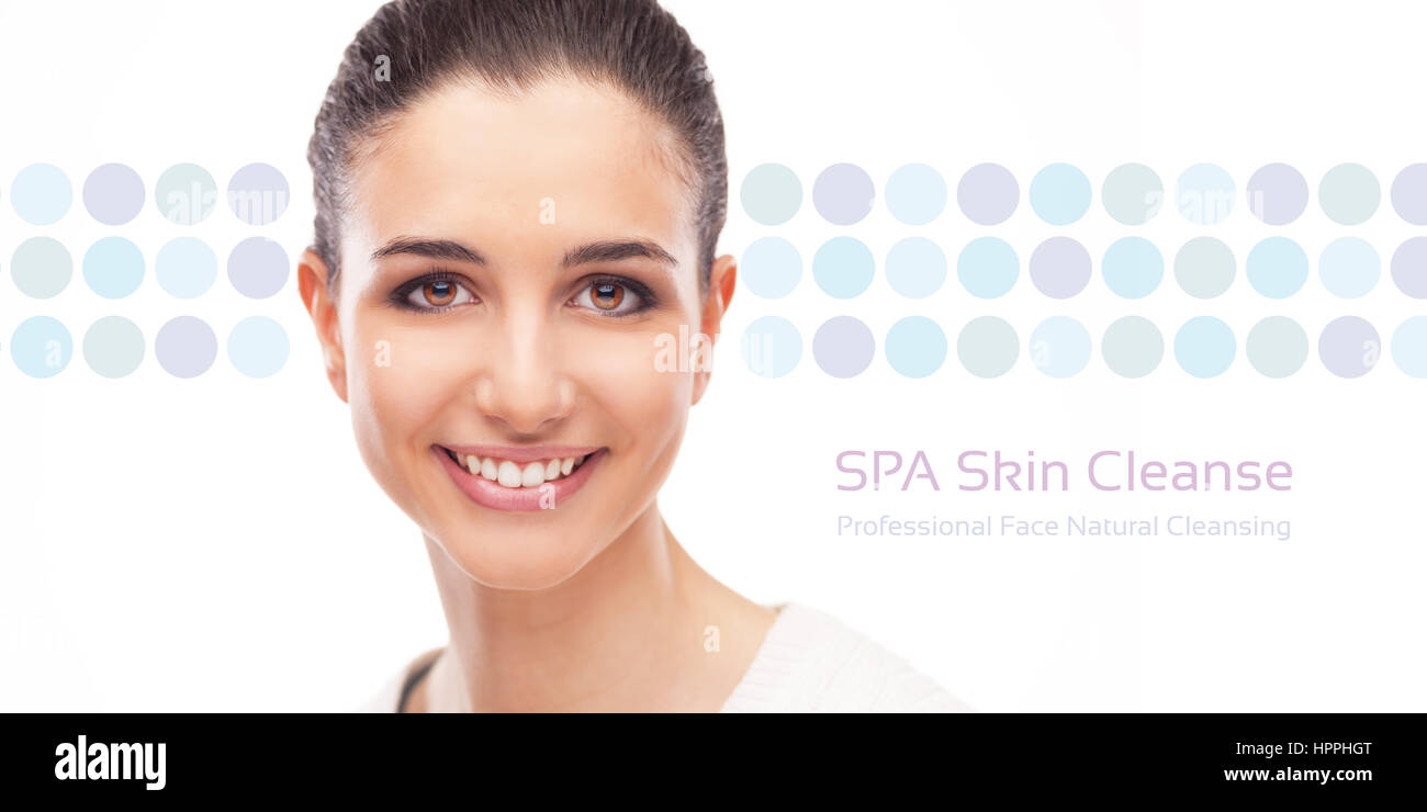 Skin care and face cleansing banner with smiling woman on dotted ...