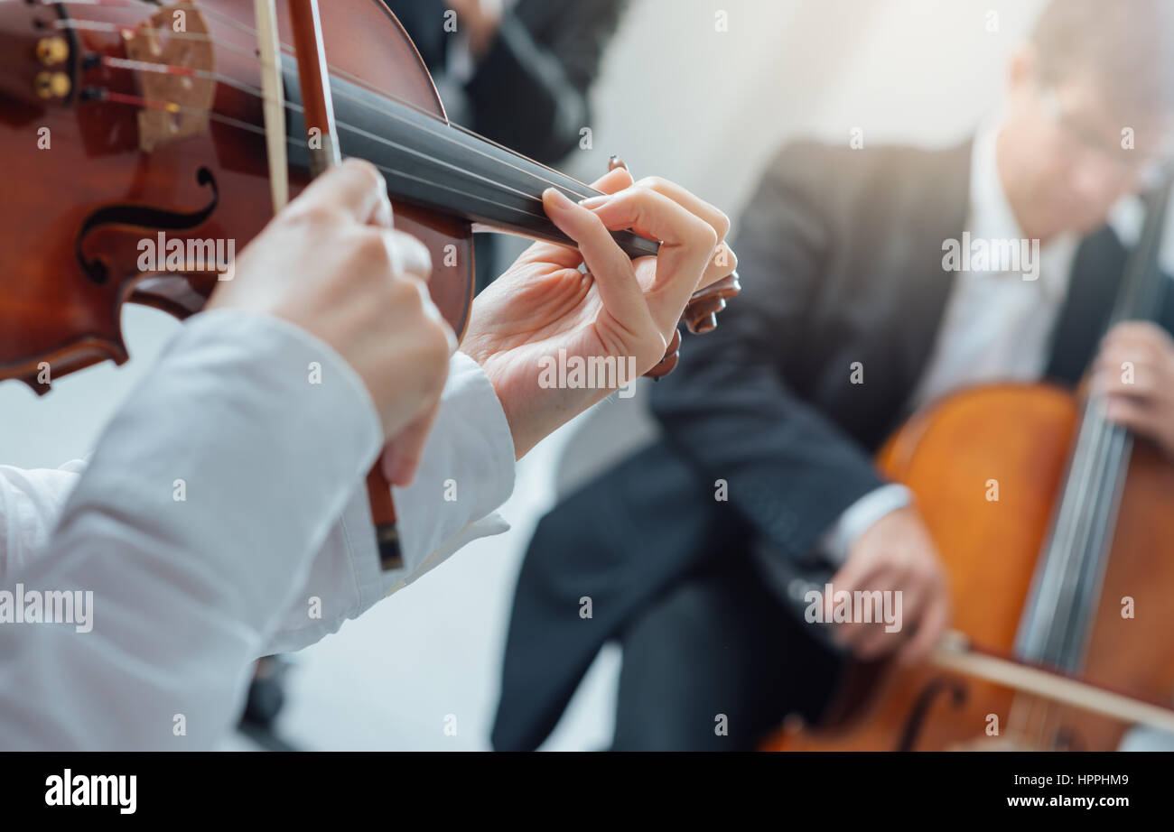 Classical music symphony orchestra string section performing, female ...