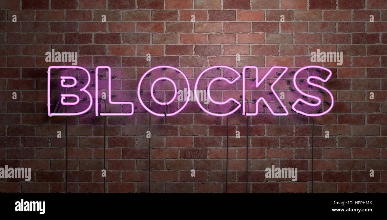 BLOCKS - fluorescent Neon tube Sign on brickwork - Front view - 3D ...