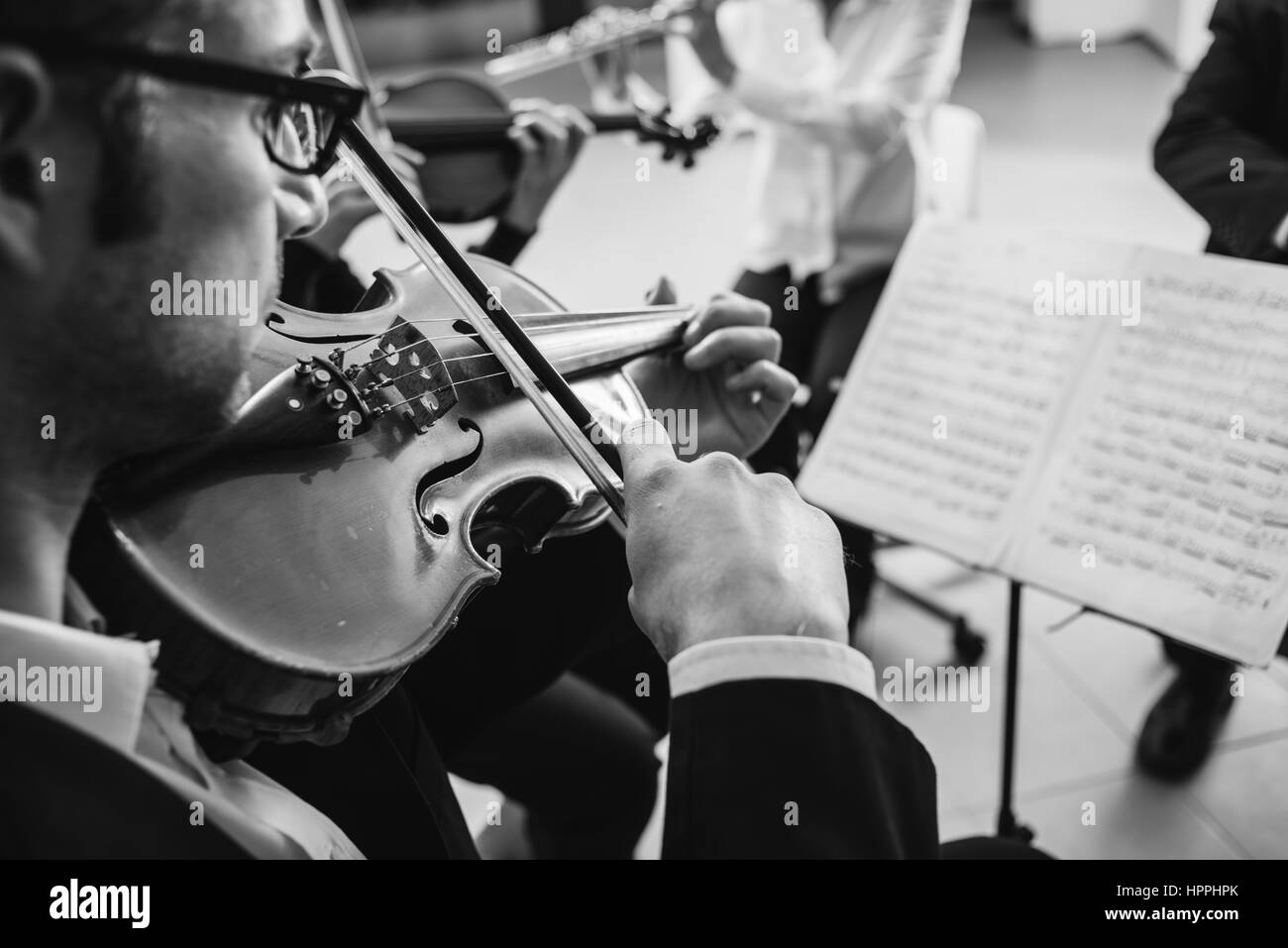 Confident violinist playing his instrument and reading a music sheet ...