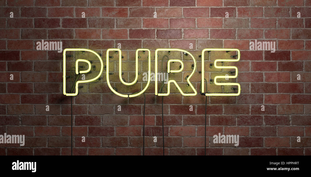 PURE - fluorescent Neon tube Sign on brickwork - Front view - 3D ...