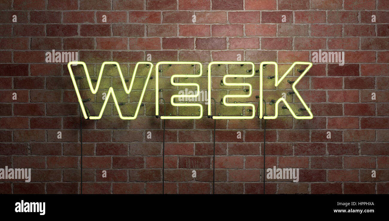 WEEK - fluorescent Neon tube Sign on brickwork - Front view - 3D ...