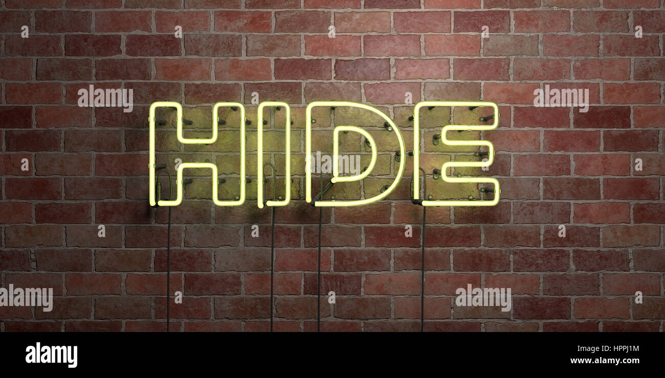 HIDE - fluorescent Neon tube Sign on brickwork - Front view - 3D ...