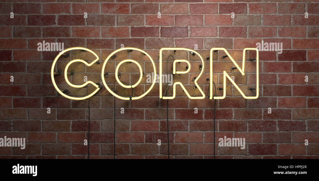 CORN - fluorescent Neon tube Sign on brickwork - Front view - 3D ...
