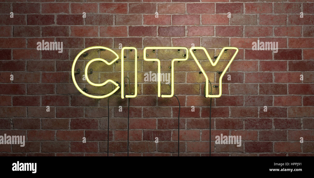 CITY - fluorescent Neon tube Sign on brickwork - Front view - 3D ...
