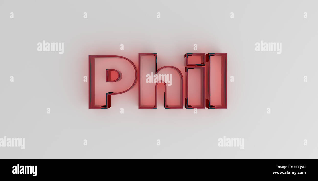Phil - Red glass text on white background - 3D rendered royalty free ...