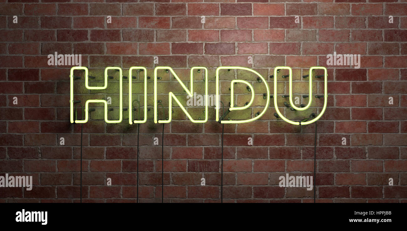 HINDU - fluorescent Neon tube Sign on brickwork - Front view - 3D ...