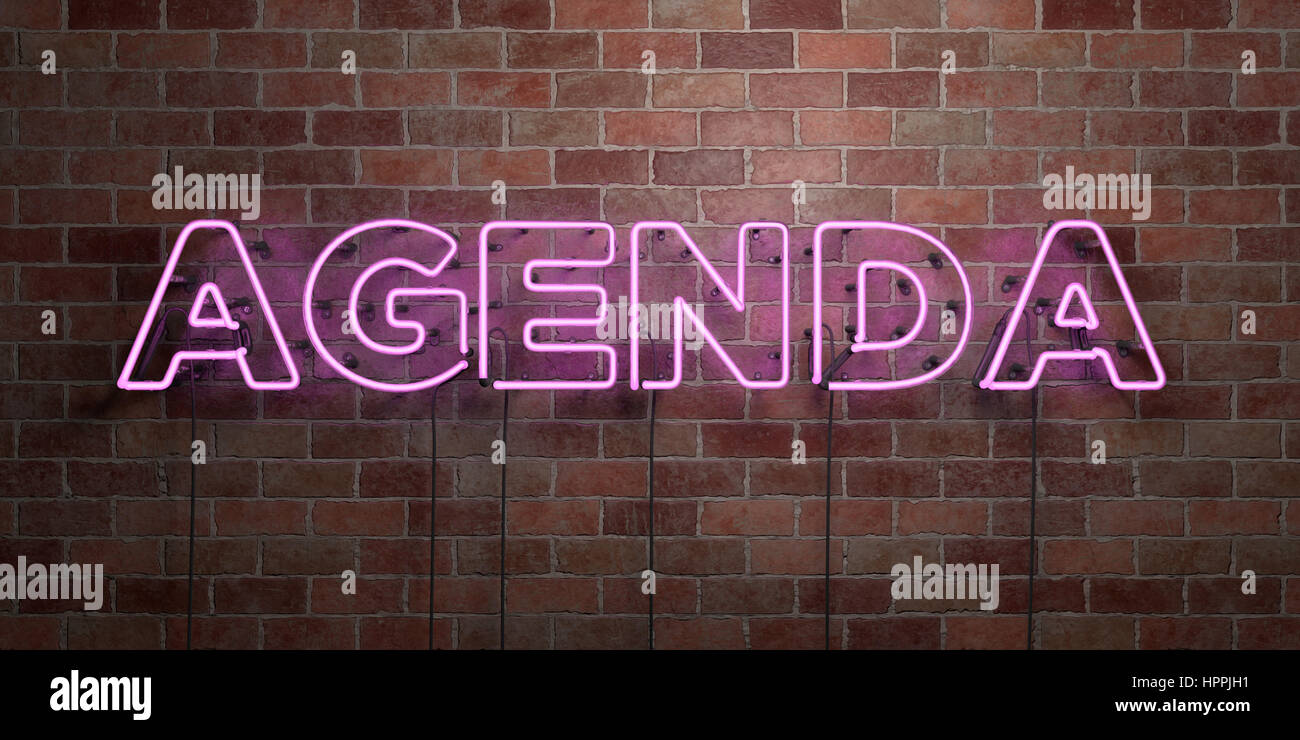 AGENDA - fluorescent Neon tube Sign on brickwork - Front view - 3D ...