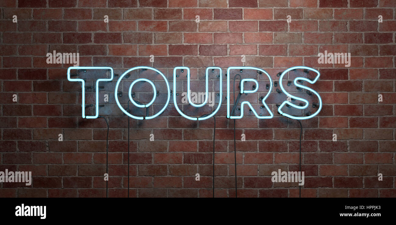 TOURS - fluorescent Neon tube Sign on brickwork - Front view - 3D ...