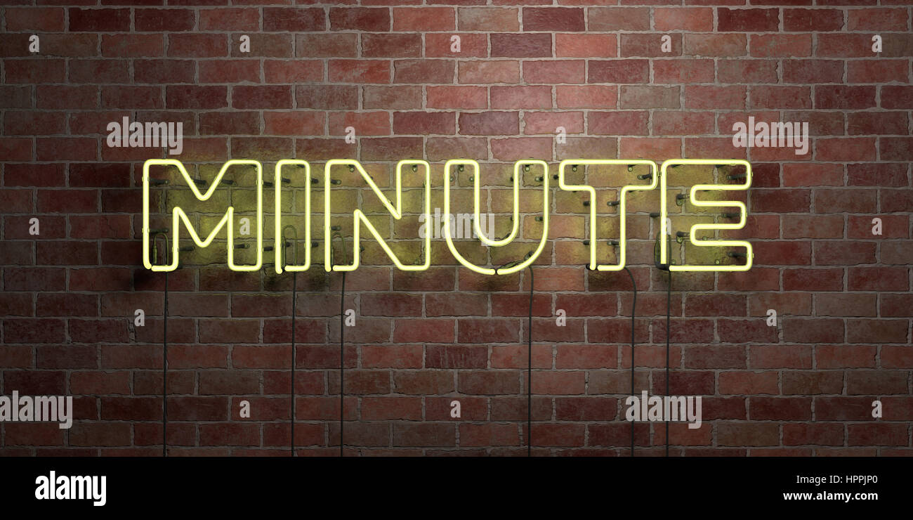 MINUTE - fluorescent Neon tube Sign on brickwork - Front view - 3D ...