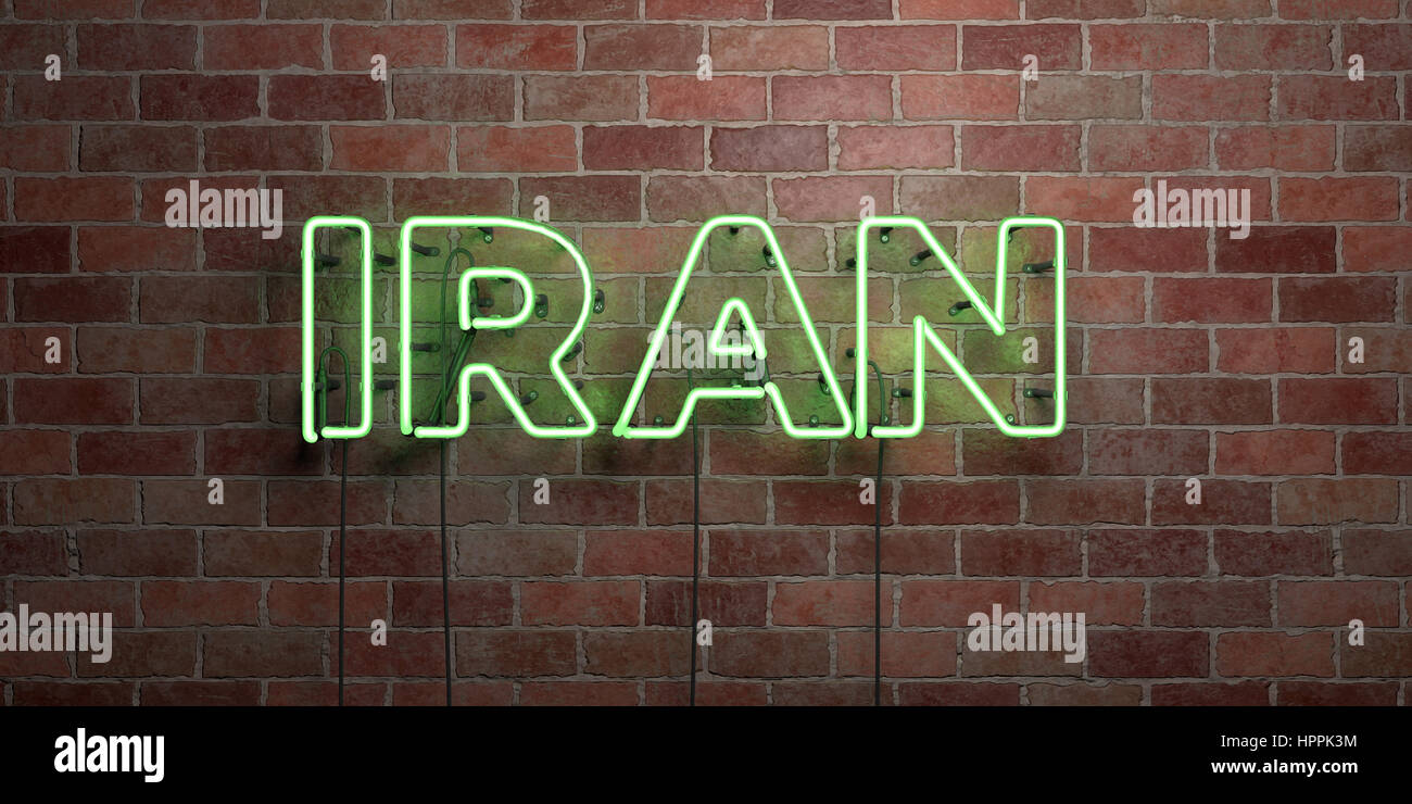 IRAN - fluorescent Neon tube Sign on brickwork - Front view - 3D ...