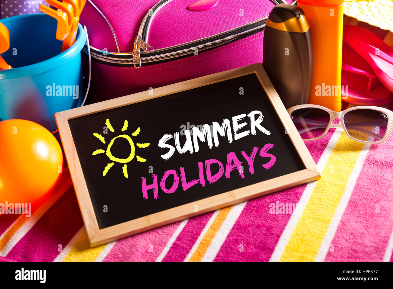 Happy summer holidays card with colorful text on blackboard Stock Photo ...