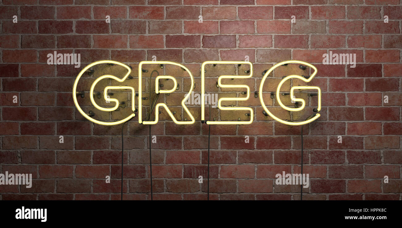 GREG - fluorescent Neon tube Sign on brickwork - Front view - 3D ...