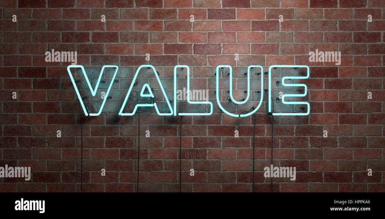 VALUE - fluorescent Neon tube Sign on brickwork - Front view - 3D ...